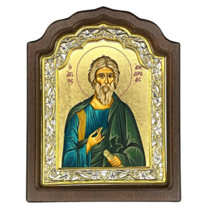 Apostle Andreas Icon Arched Design Engraved Silver Wood