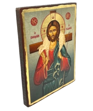 Jesus Christ Good Shepherd Silk Screen Icon Natural Wood