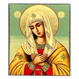 Virgin Mary Praying Silk Screen Icon Gold Standing Wood Base