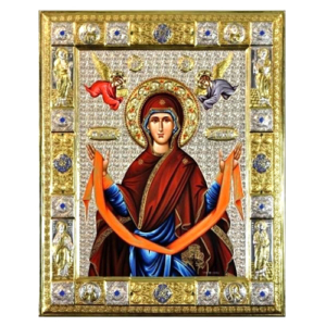 Virgin Mary Holy Belt Silk Screen Icon 22kt Gold 925 Silver