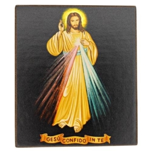 Divine Mercy Silk Screen Icon Gold Standing Natural Wood